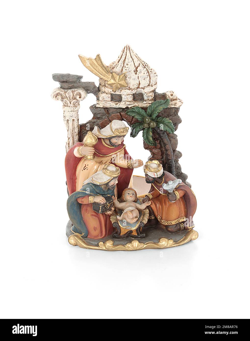 Set of Christmas nativity scene and angel figurines isolated on white ...