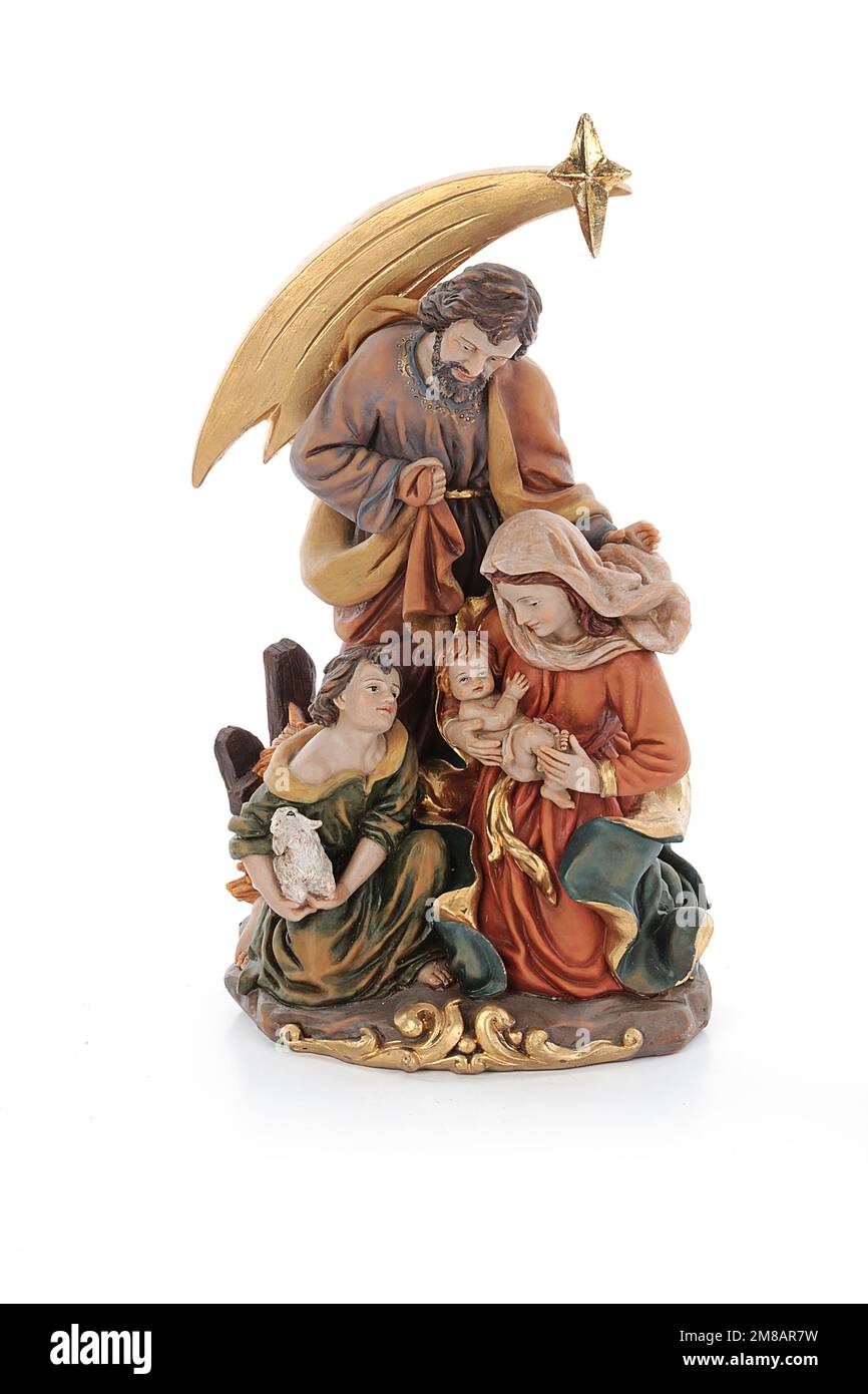 Set of Christmas nativity scene and angel figurines isolated on white ...