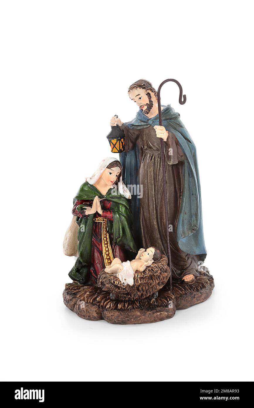 Set of Christmas nativity scene and angel figurines isolated on white ...