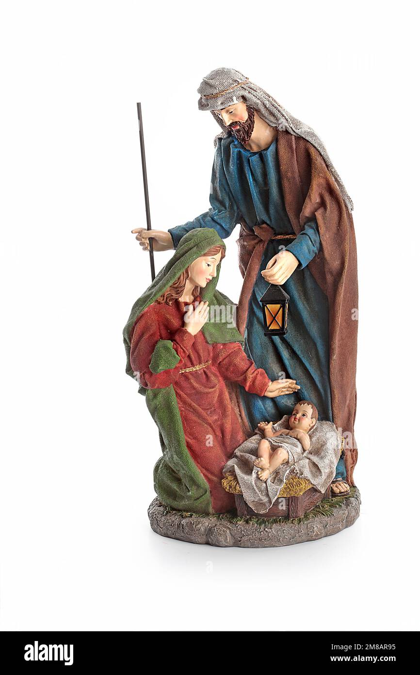 Set of Christmas nativity scene and angel figurines isolated on white ...