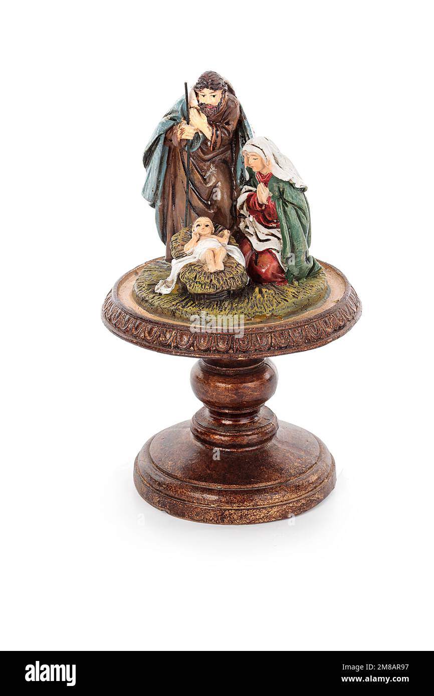 Set of Christmas nativity scene and angel figurines isolated on white ...