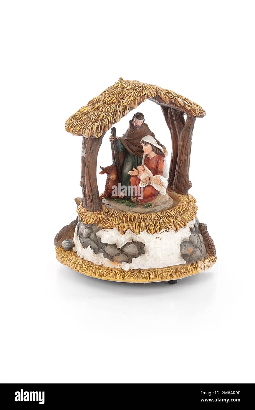Set of Christmas nativity scene and angel figurines isolated on white ...
