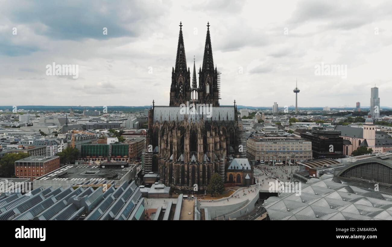 An Aerial view of Cologne Cathedral, Cologne, Germany with a cityscape ...