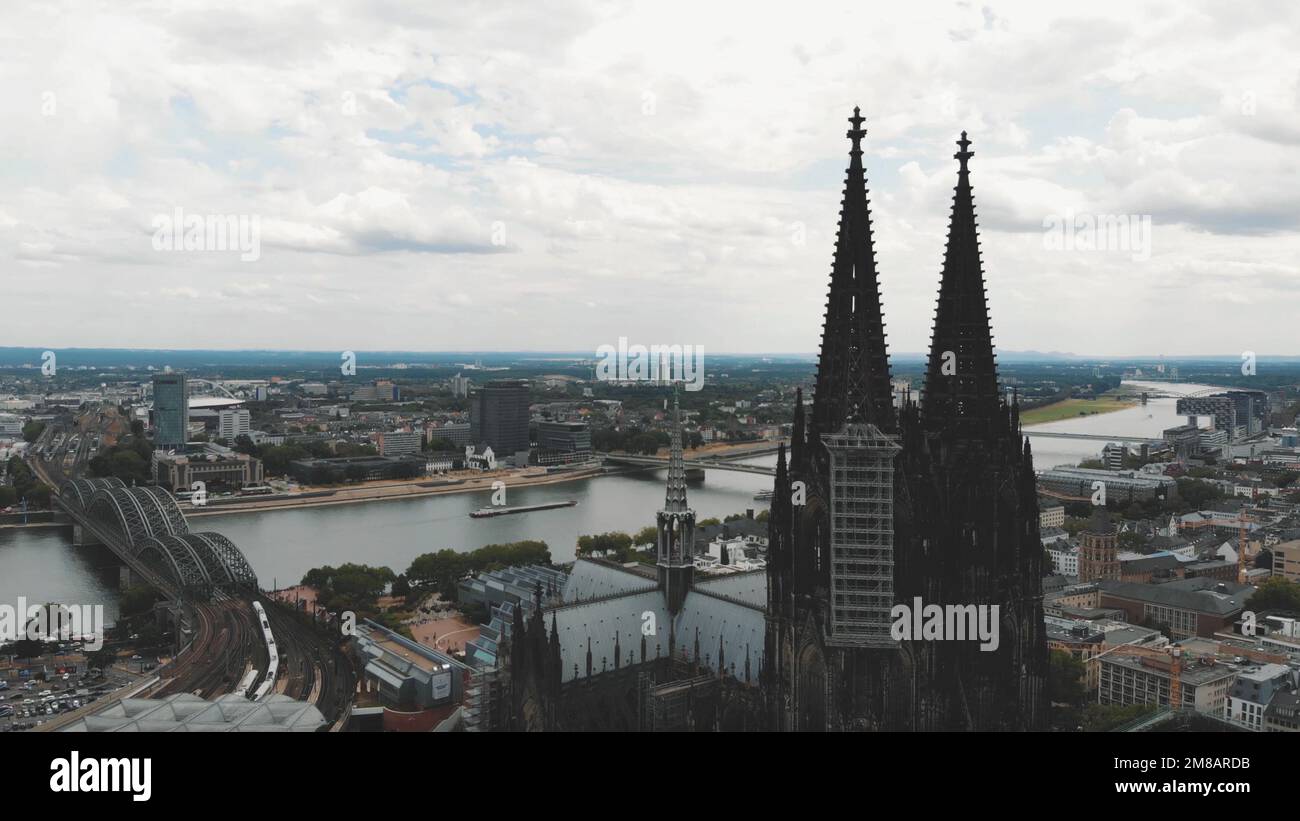 An Aerial view of Cologne Cathedral with a cityscape background in ...
