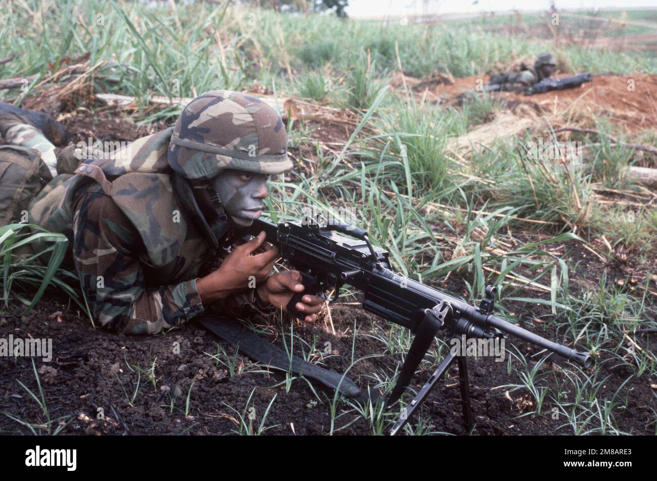 A Marine automatic rifleman mans his M249 squad automatic weapon (SAW ...