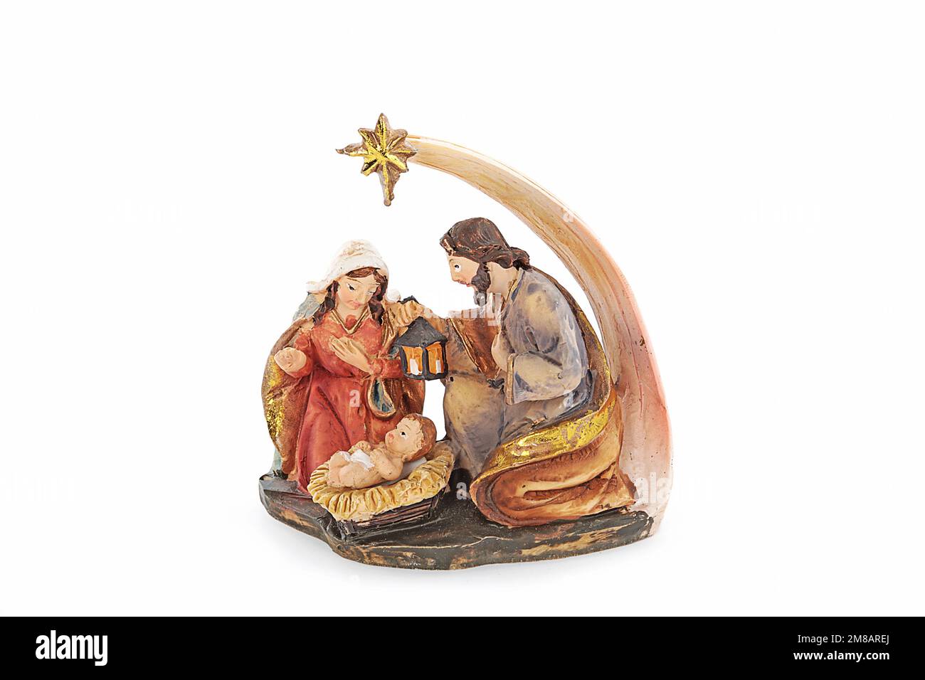 Set of Christmas nativity scene and angel figurines isolated on white ...
