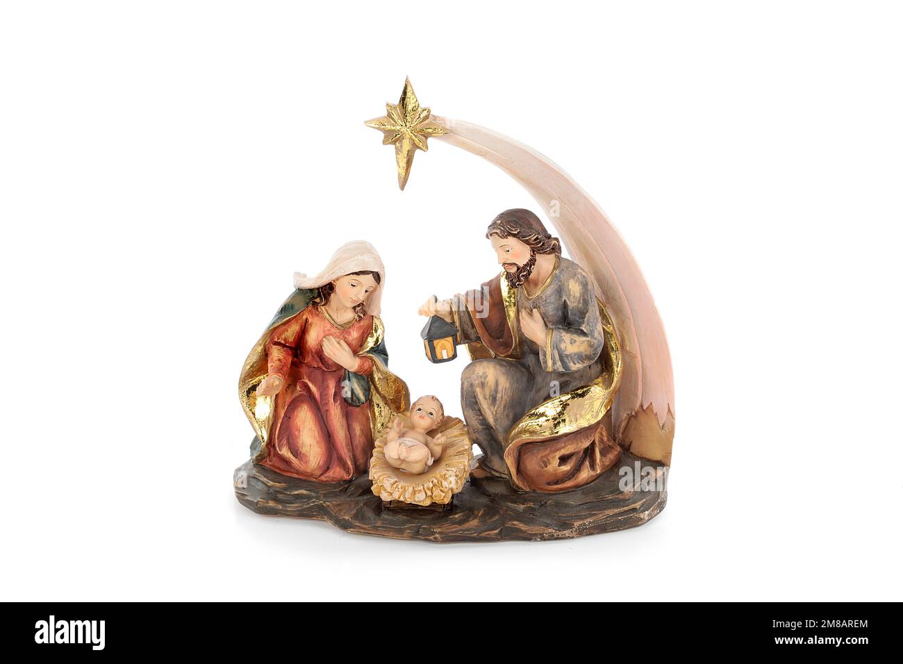 Set of Christmas nativity scene and angel figurines isolated on white ...