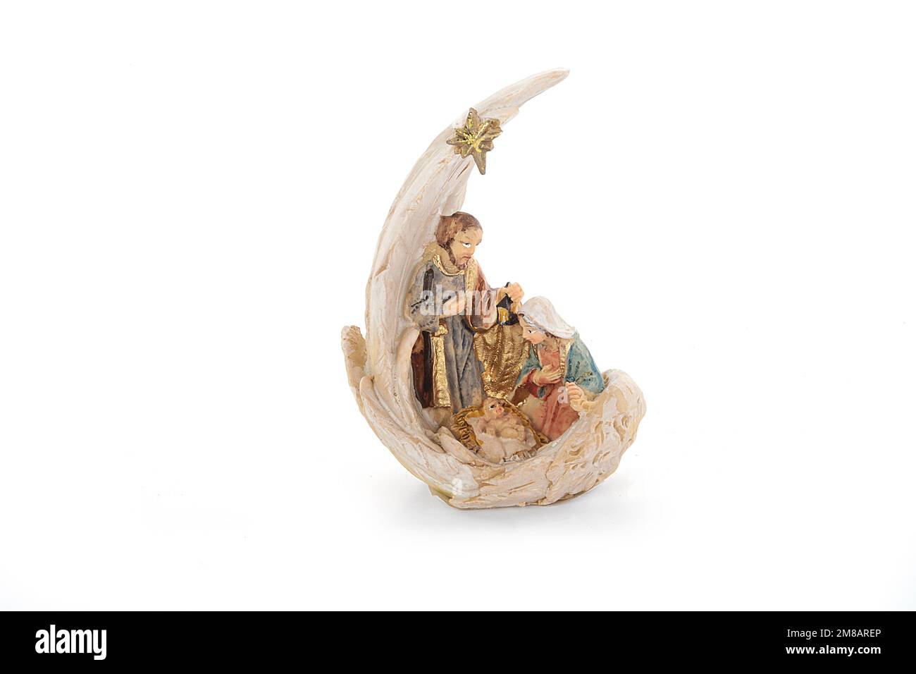 Set of Christmas nativity scene and angel figurines isolated on white ...