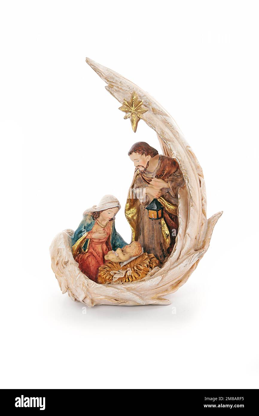 Set of Christmas nativity scene and angel figurines isolated on white ...