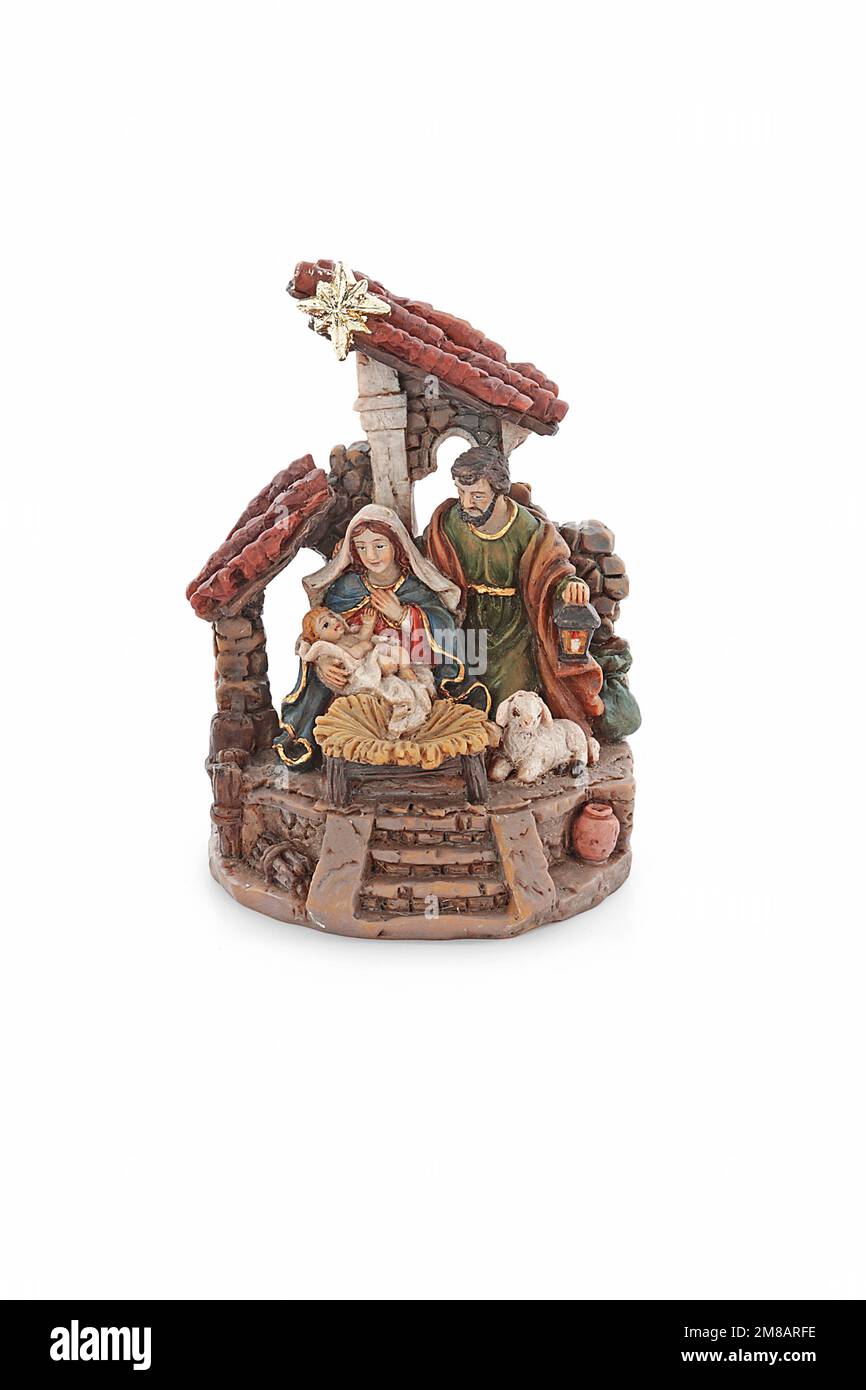 Set of Christmas nativity scene and angel figurines isolated on white ...
