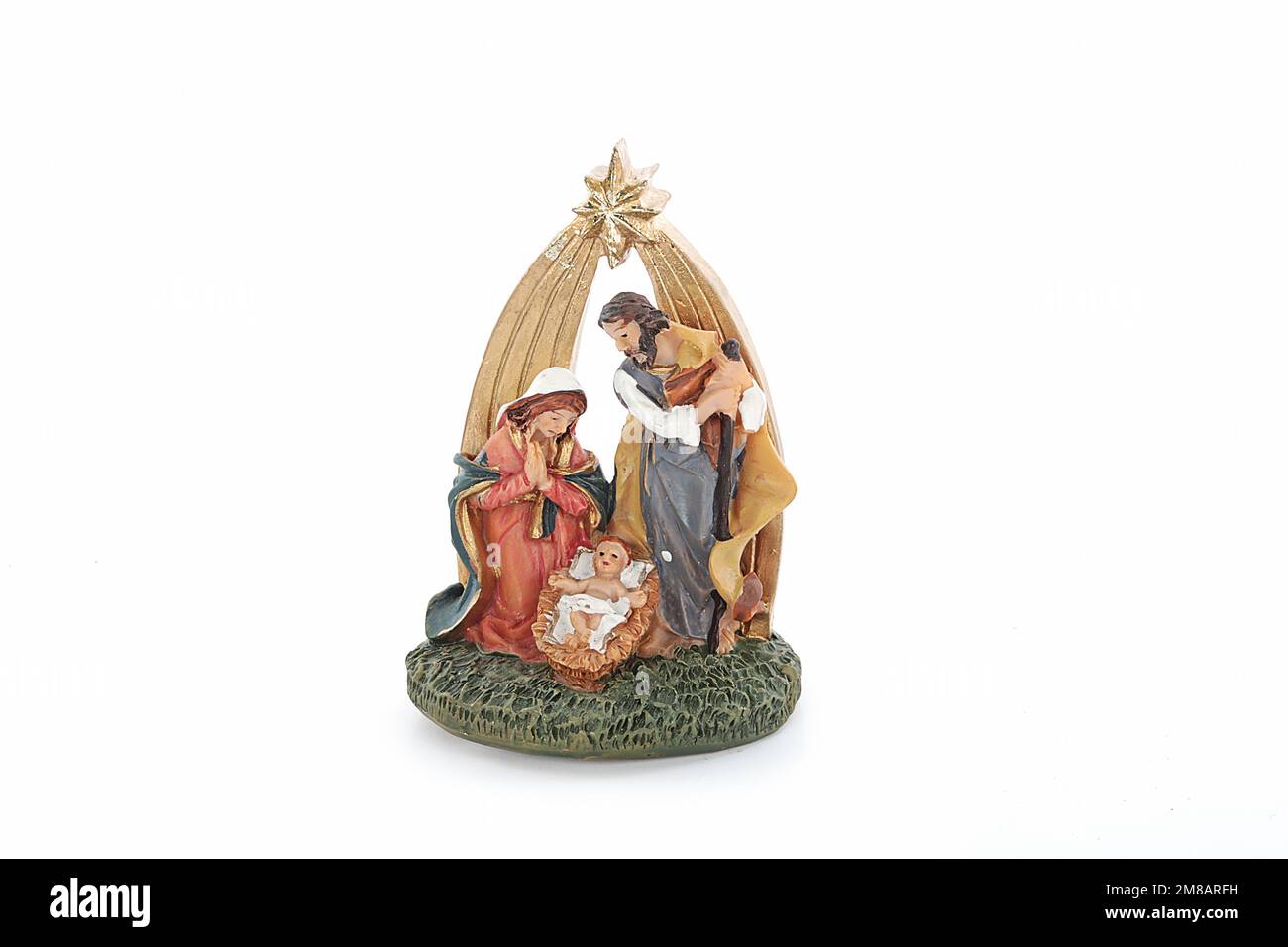 Set of Christmas nativity scene and angel figurines isolated on white ...