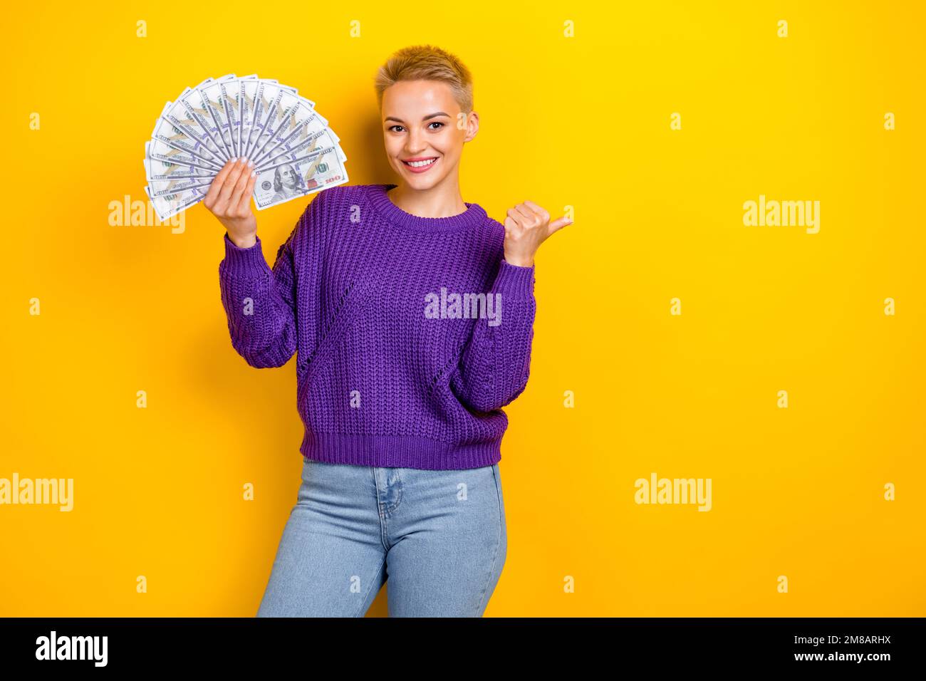 Photo of charming positive lady millionaire short haircut arm ...