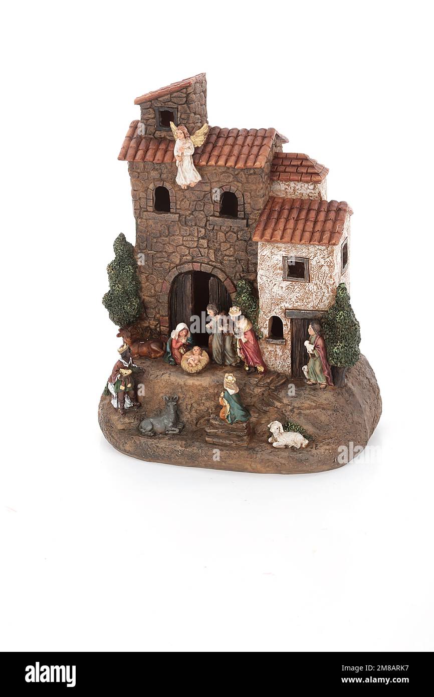 Set of Christmas nativity scene and angel figurines isolated on white ...