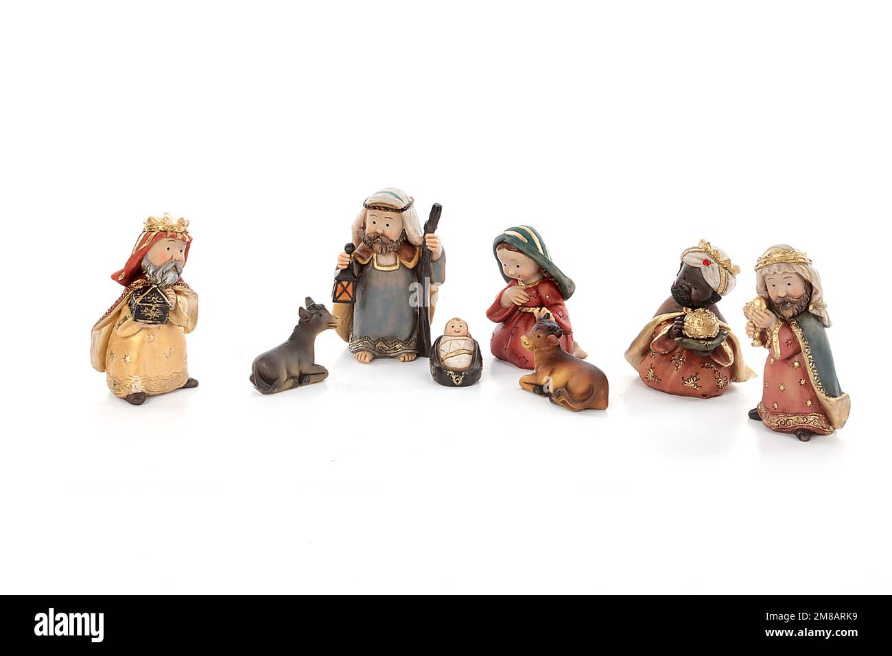 Set of Christmas nativity scene and angel figurines isolated on white ...