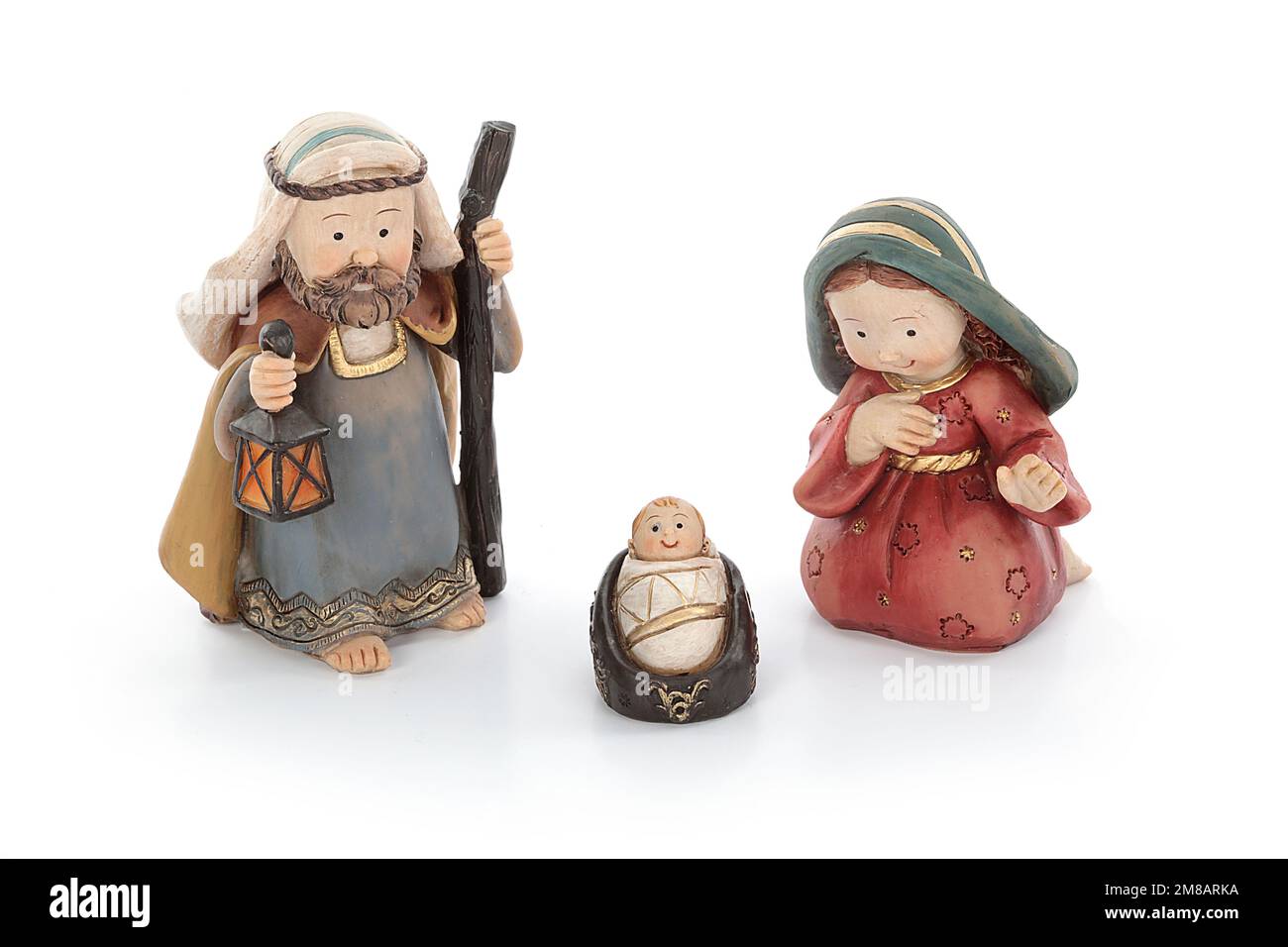 Set of Christmas nativity scene and angel figurines isolated on white ...