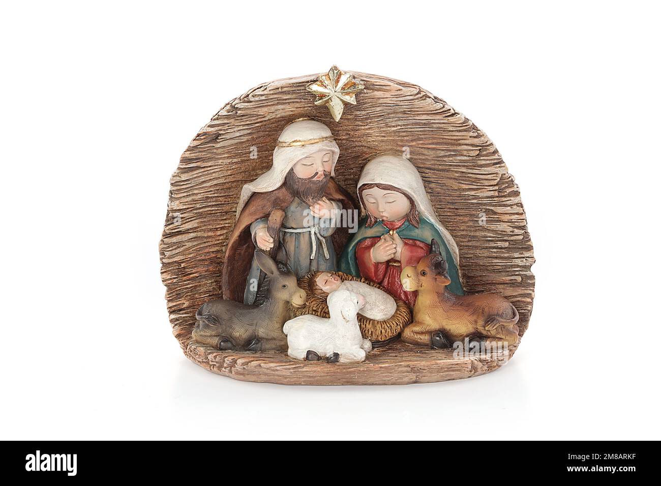 Set of Christmas nativity scene and angel figurines isolated on white ...