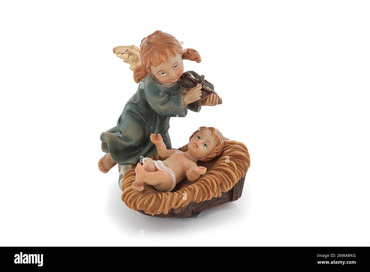 Set of Christmas nativity scene and angel figurines isolated on white ...