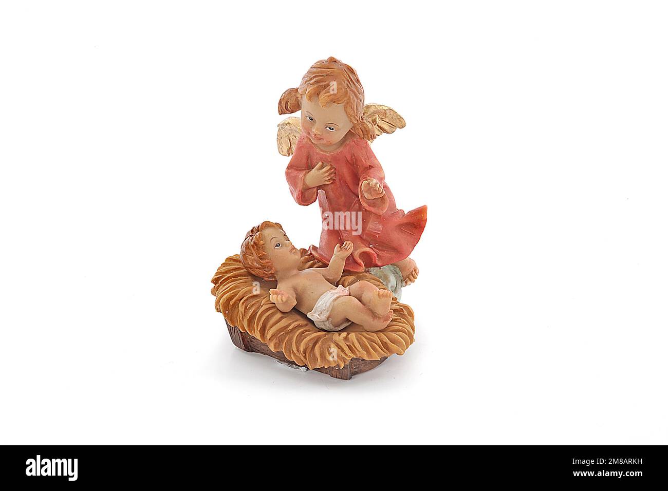 Set of Christmas nativity scene and angel figurines isolated on white ...