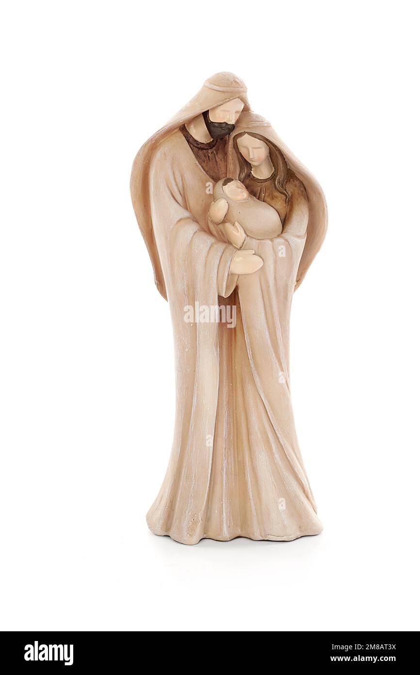 Set of Christmas nativity scene and angel figurines isolated on white ...