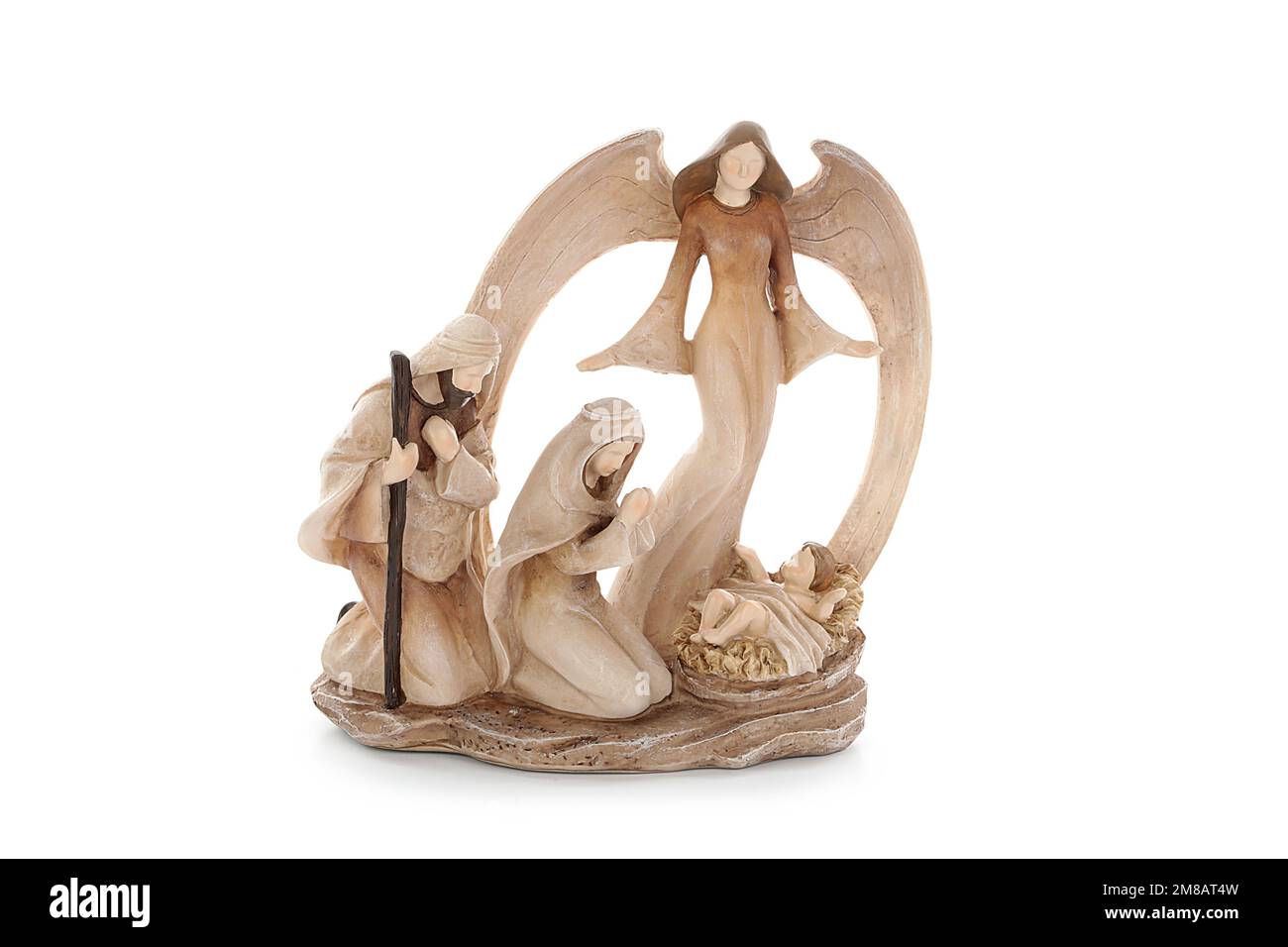 Set of Christmas nativity scene and angel figurines isolated on white ...