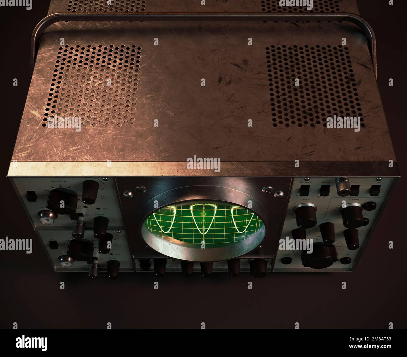 A vintage classic oscilloscope machine on an isolated dark background ...