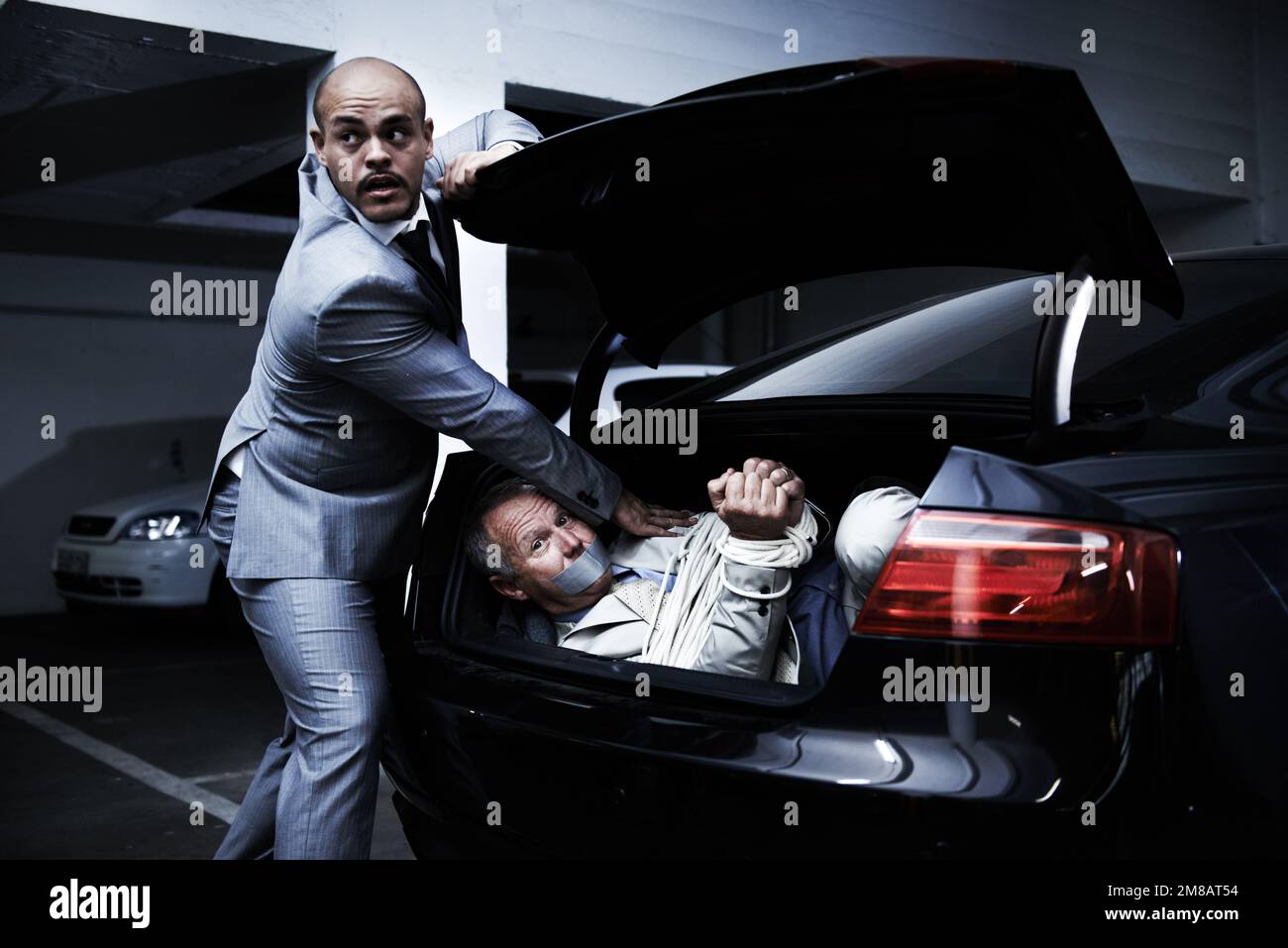 Criminals in action. A gangster stuffing a bound and gagged businessman ...