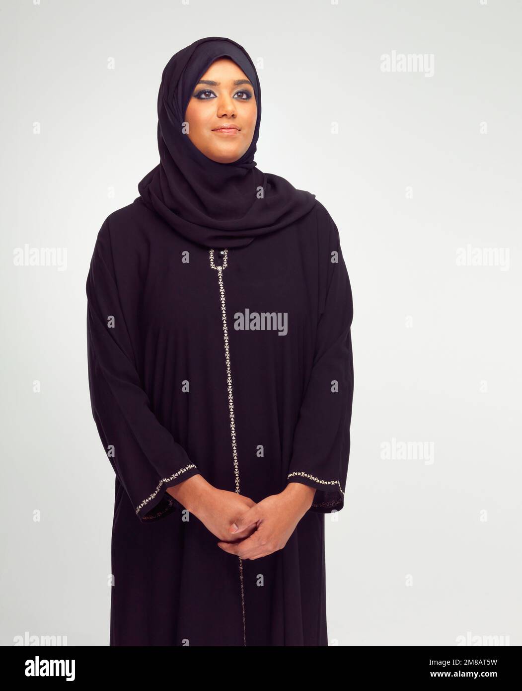 Beauty, muslim and young woman in studio with a traditional, religious ...