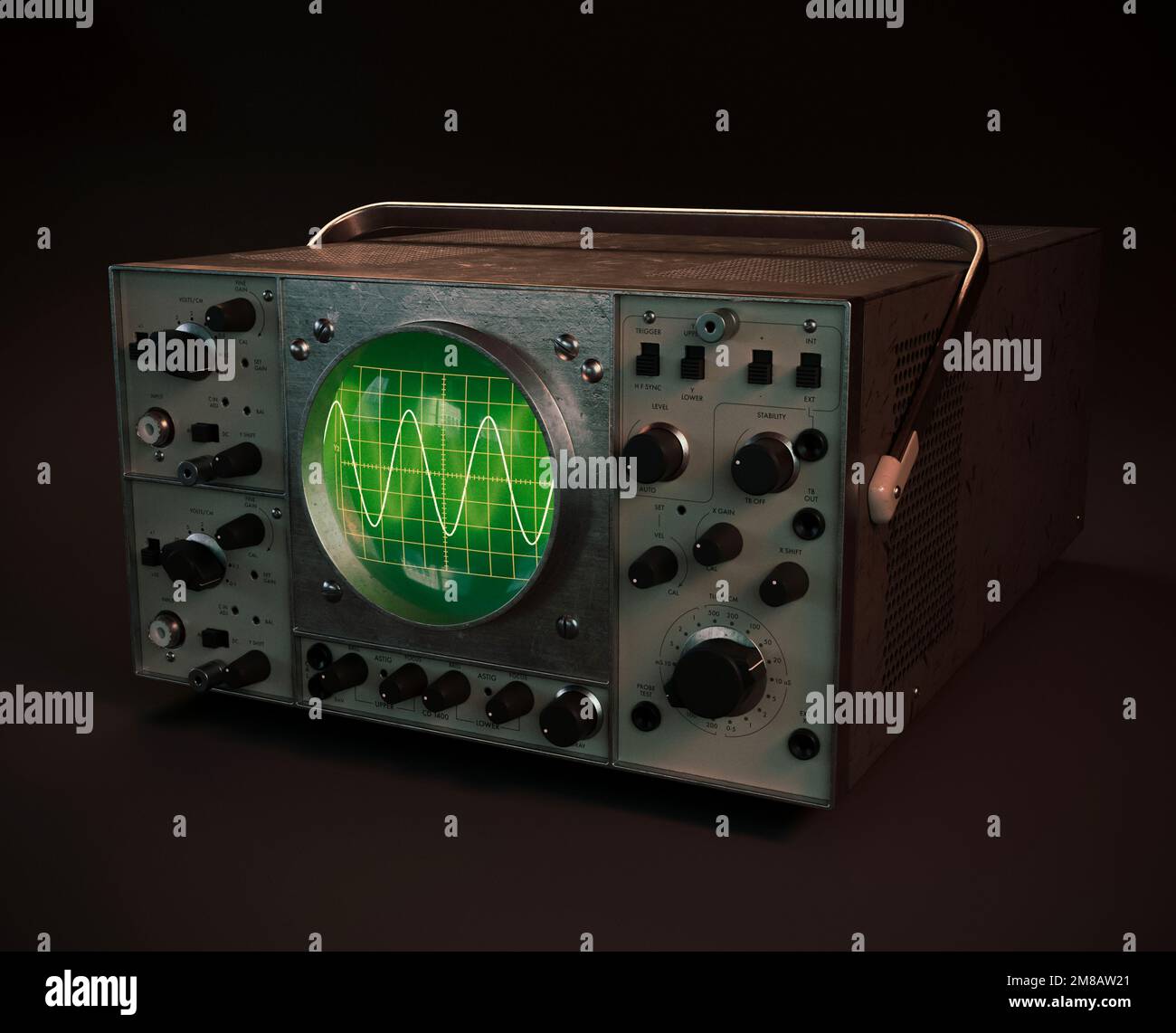 A vintage classic oscilloscope machine on an isolated dark background ...