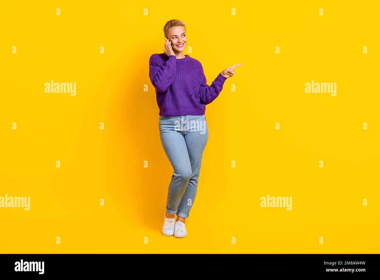 Full length photo of attractive positive person look direct finger ...