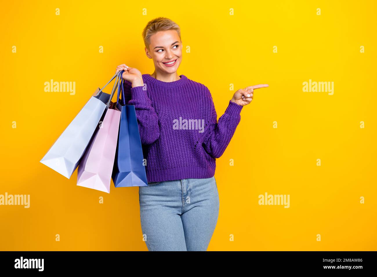 Photo of adorable nice pretty girl with short hairdo dressed knit ...
