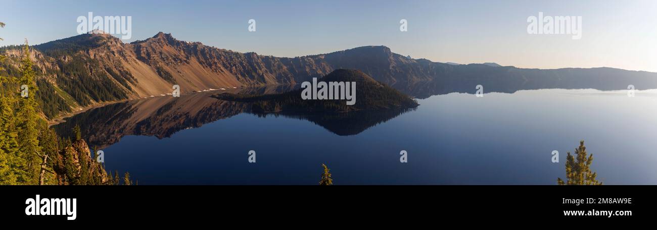 A panoramic shot of volcanic Crater Lake in south-central Oregon in the ...