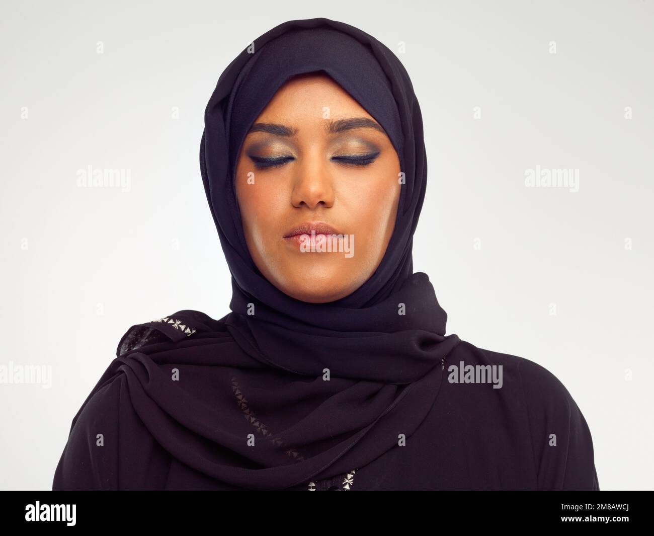 Islamic woman, portrait and hijab with closed eyes for religious ...