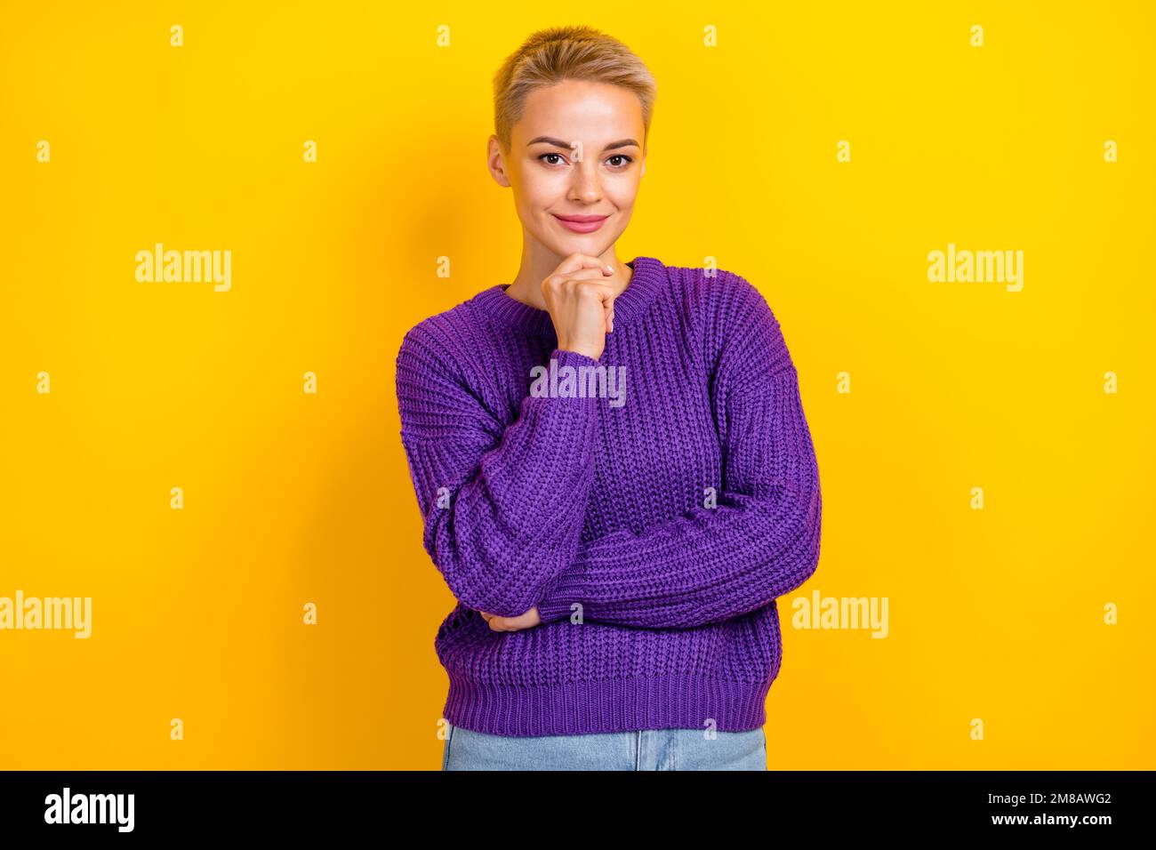 Photo of good mood optimistic satisfied girl with short hairdo wear ...