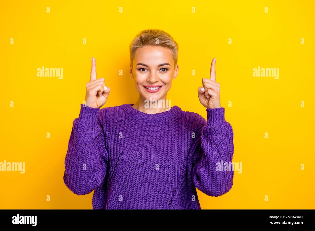 Photo of attractive smiling promoter lady wear purple knit sweater ...