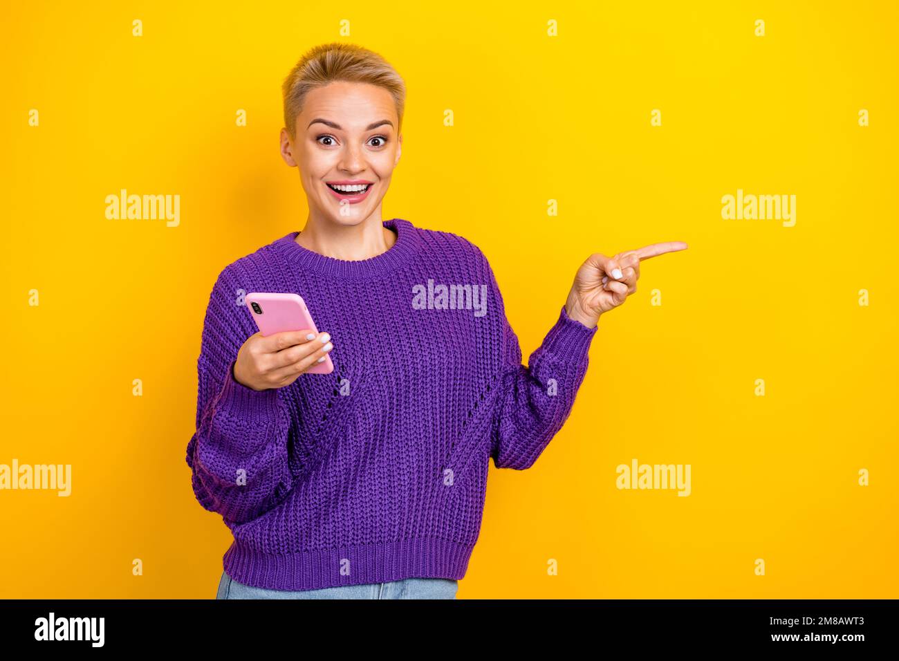 Photo of surprised shock short blonde hair wear knit violet sweater ...