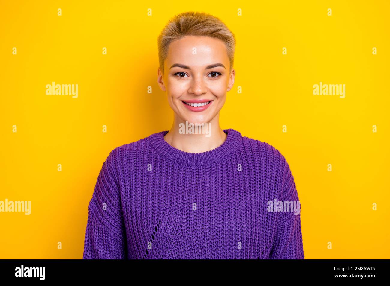 Portrait photo of beaming smile satisfied good mood blonde short hair ...