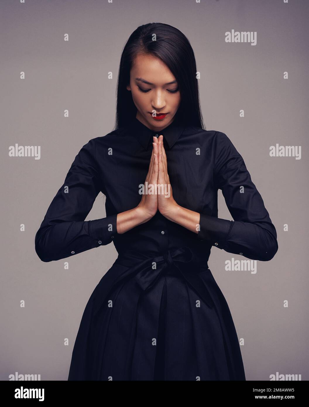 Fitness tai chi, martial arts and woman with prayer hands in studio ...