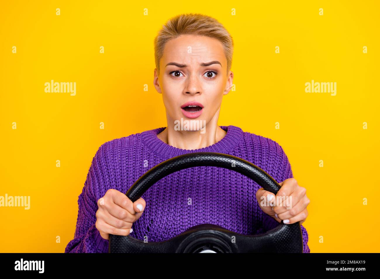 Photo of nice cute pretty astonished girl with short hairdo wear knit ...