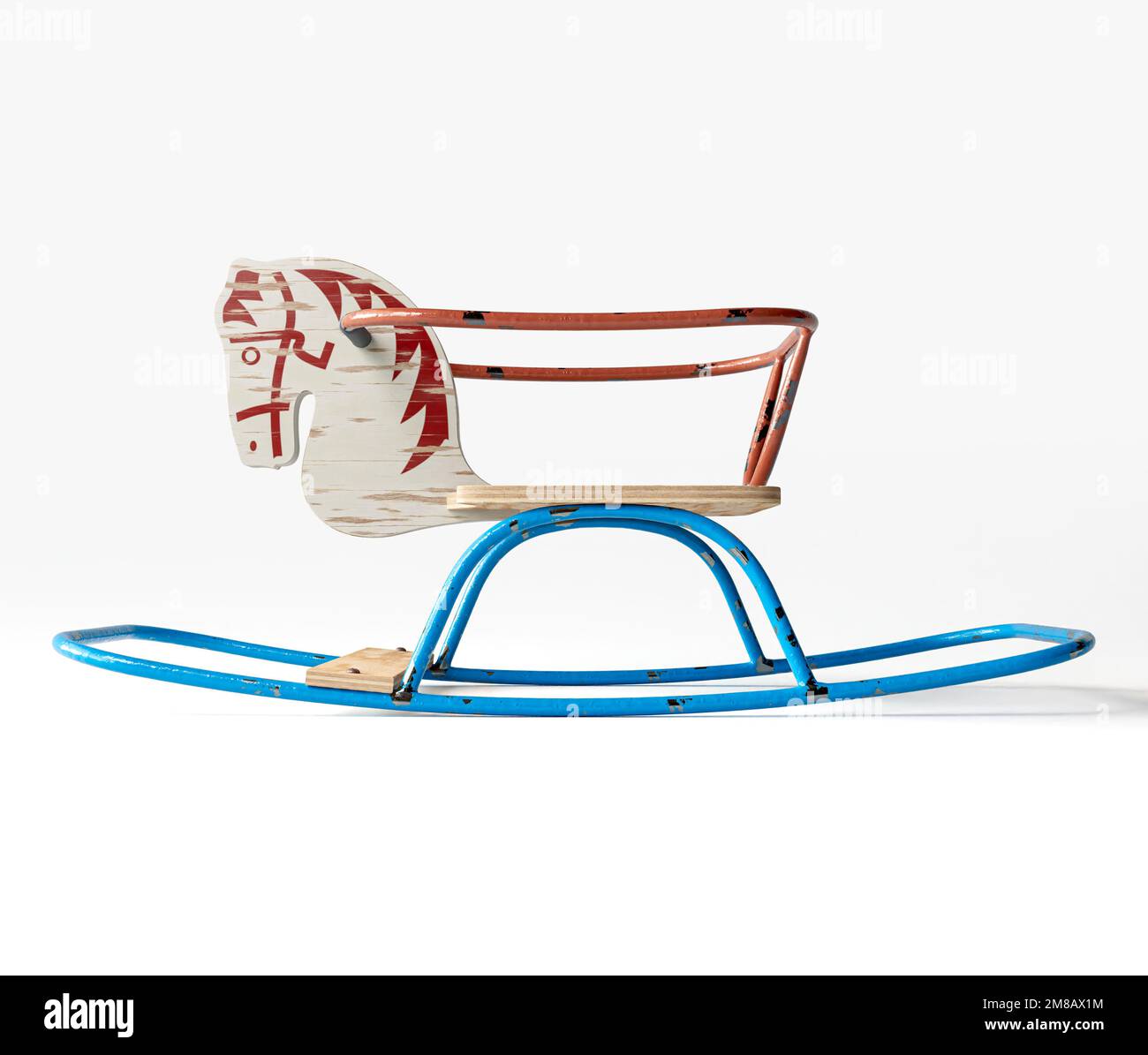 A vintage retro rocking horse seating toy made of iron bars and wood on ...