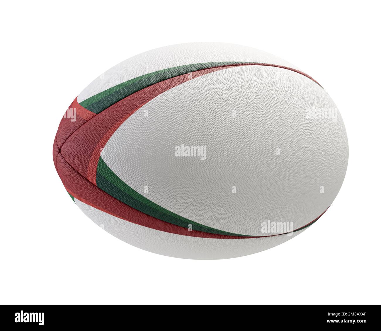 A white textured rugby ball with color design elements on a isolated ...