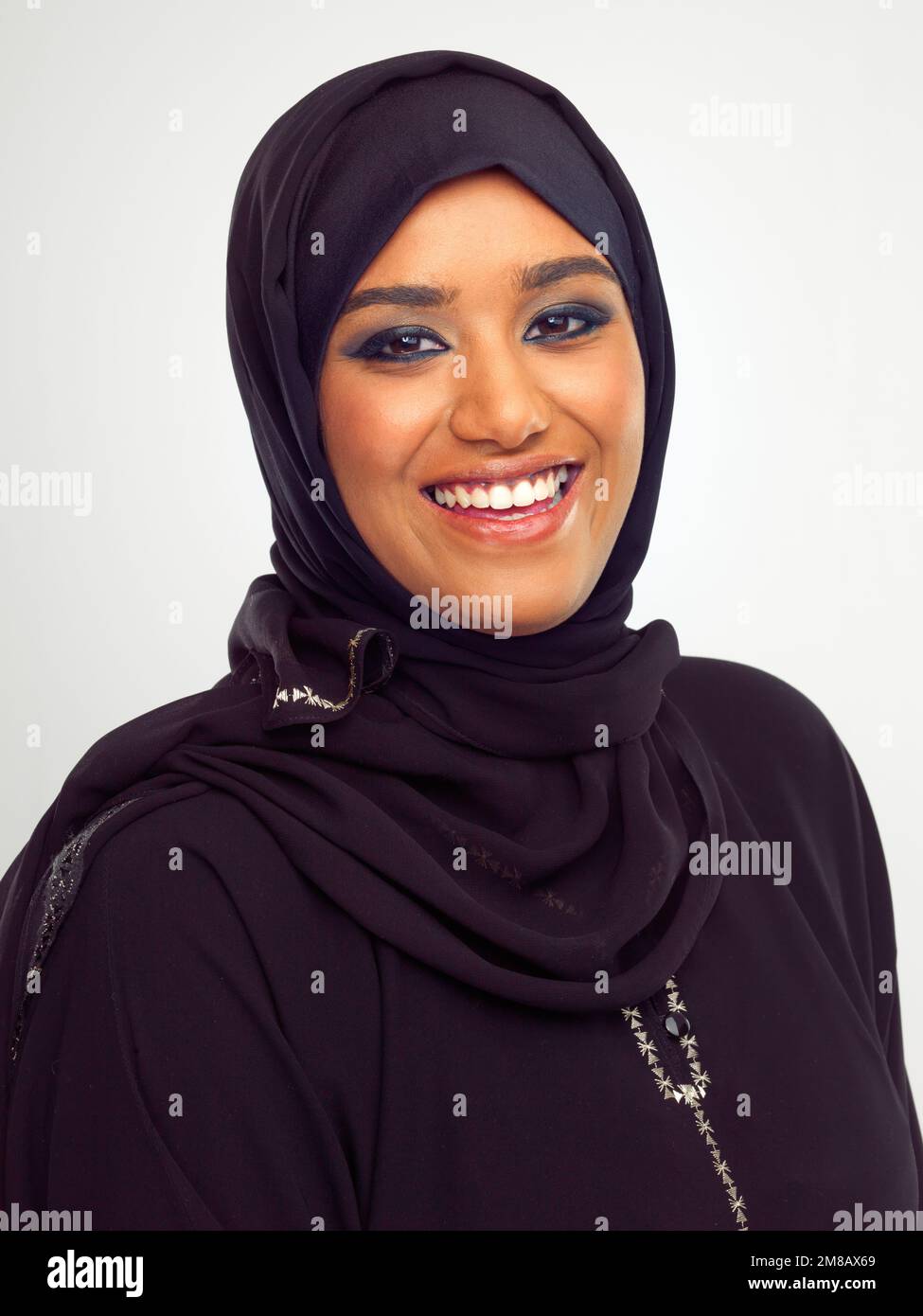 Islamic woman, smile portrait and hijab for religious fashion, culture ...