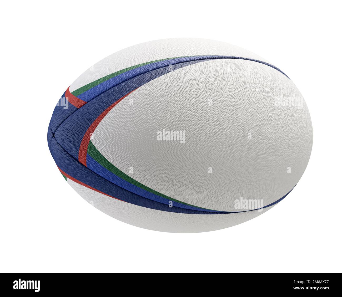 A white textured rugby ball with color design elements on a isolated ...