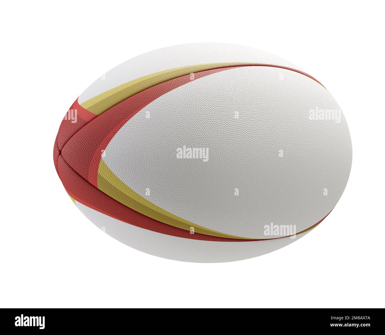 A white textured rugby ball with color design elements on a isolated ...