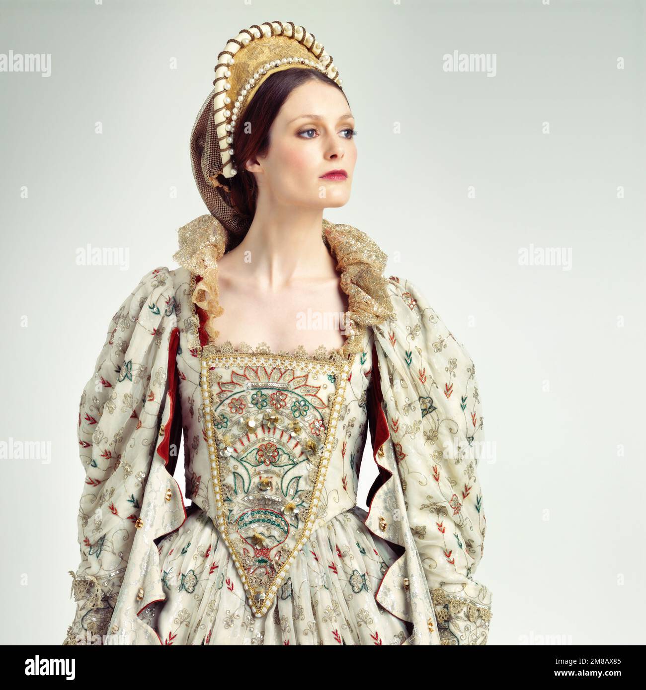 Queen, monarch with history, renaissance and woman with theatre ...