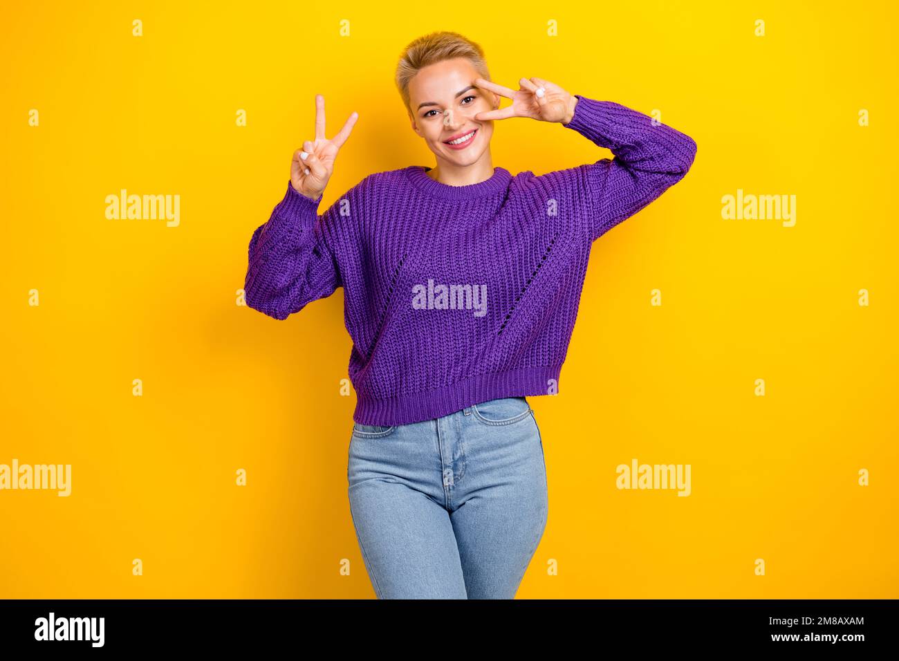 Photo of pretty positive smile youtube blogger blonde hair lady wear ...