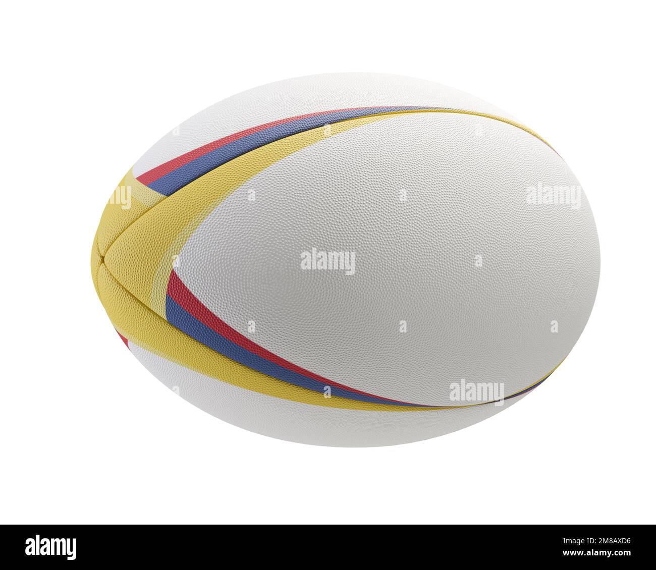 A white textured rugby ball with color design elements on a isolated ...