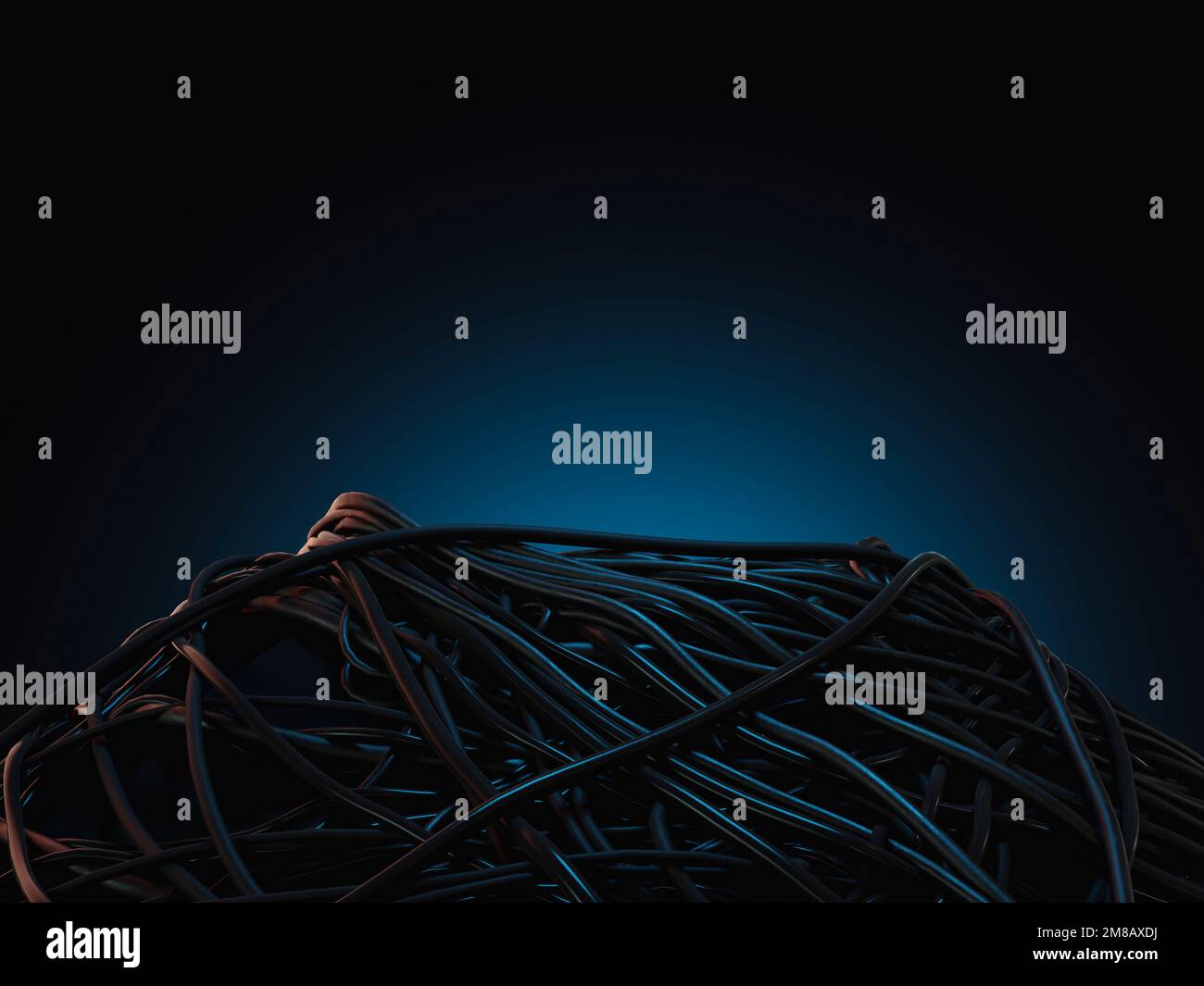 A jumbled huge pile of black electrical cables creating a stage on a ...