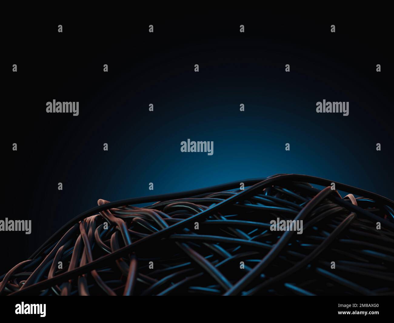 A jumbled huge pile of black electrical cables creating a stage on a ...