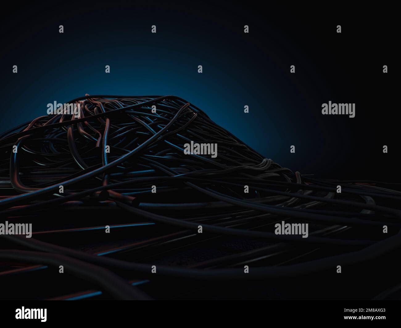 A jumbled huge pile of black electrical cables creating a stage on a ...