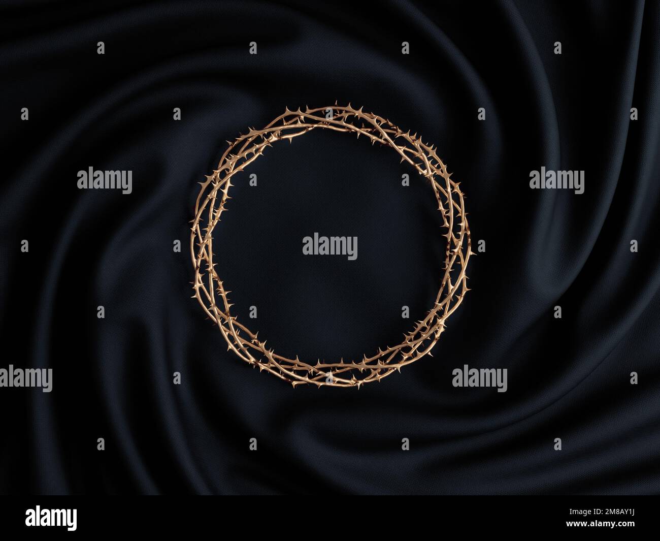 A draped and twirled fabric around a gold casting of branches of thorns ...